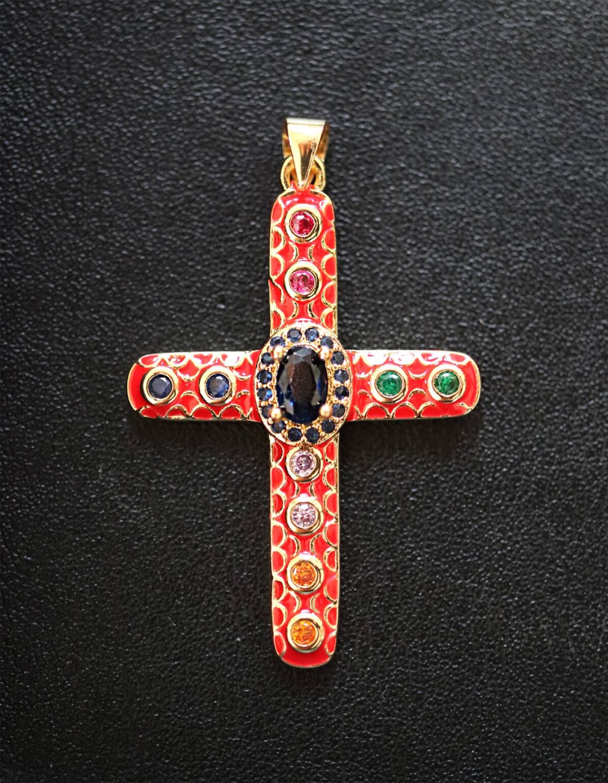 Collier croix Antique rouge émail + verre de Murano - Michaël Vessière